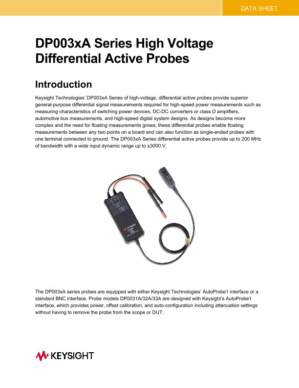 DP003xA Series High Voltage Differential Active Probes PDF Asset Page | Keysight